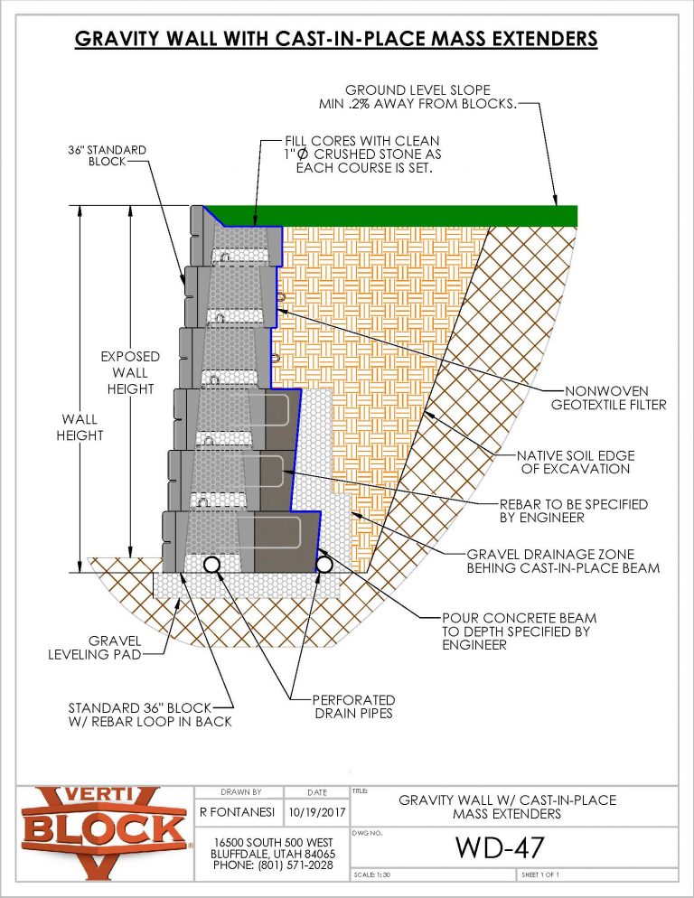 WD-47 Gravity Wall with Cast-in-Place Mass Extenders - Verti-Block